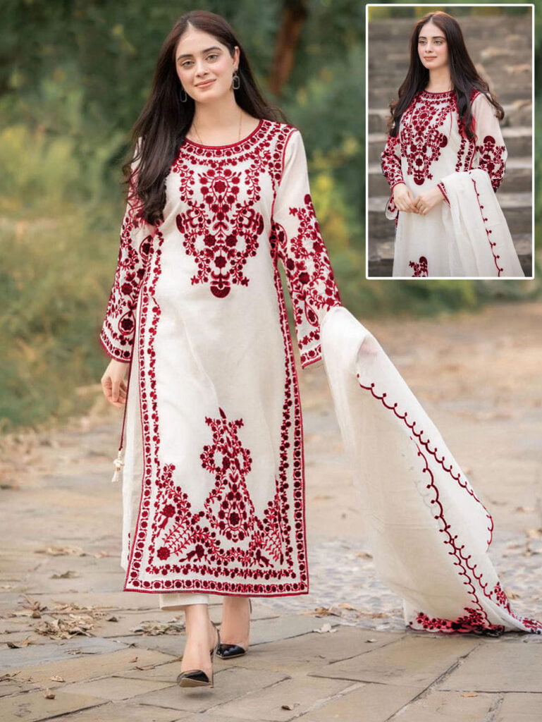 Stitched Elegant Long Shirt Style Embroidered 3-Piece – ibrahim Pret